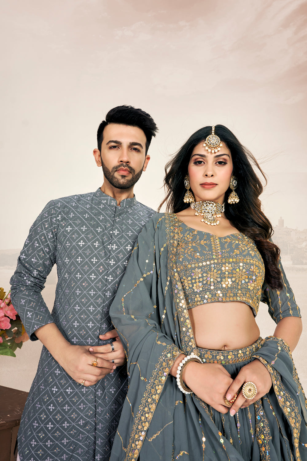 Grey Soft Georgette Embroidered Wedding Wear Couple Wear Set