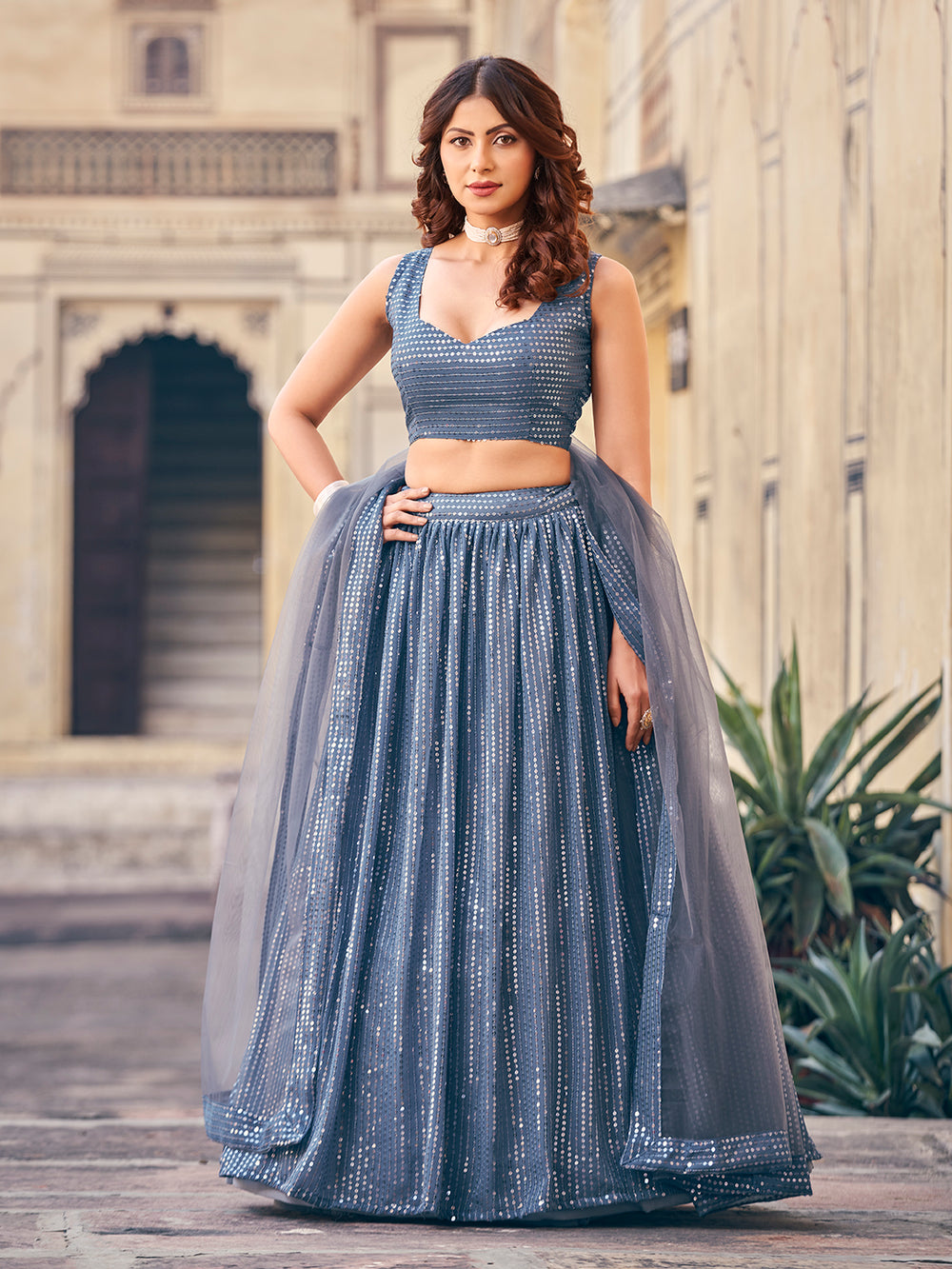 Buy Glamorous Gray Color Georgette Sequence Party Wear Lehenga Choli Set