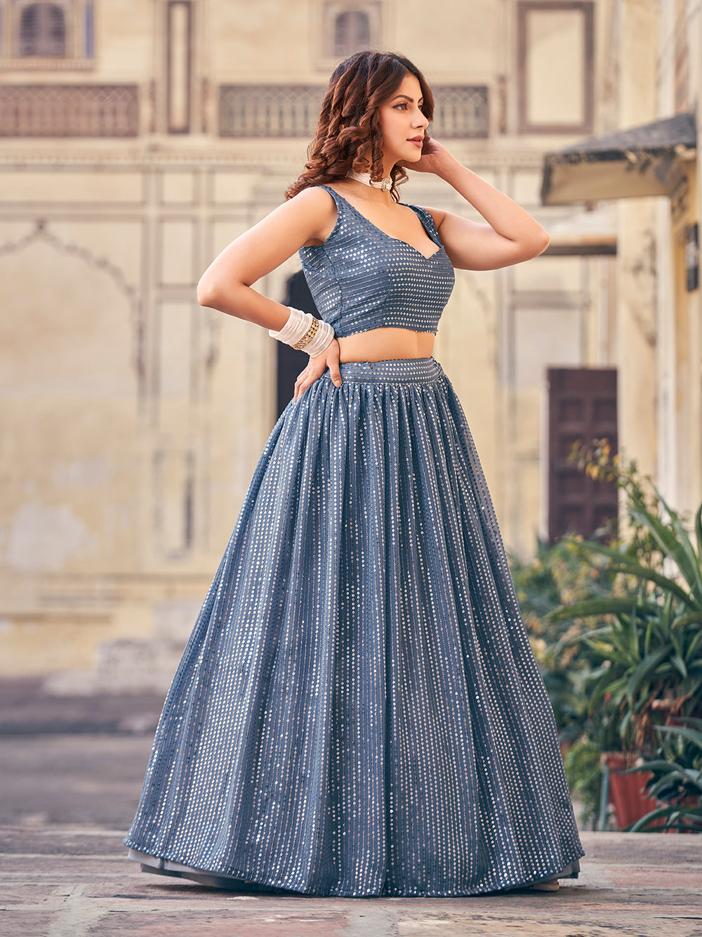 Buy Glamorous Gray Color Georgette Sequence Party Wear Lehenga Choli Set